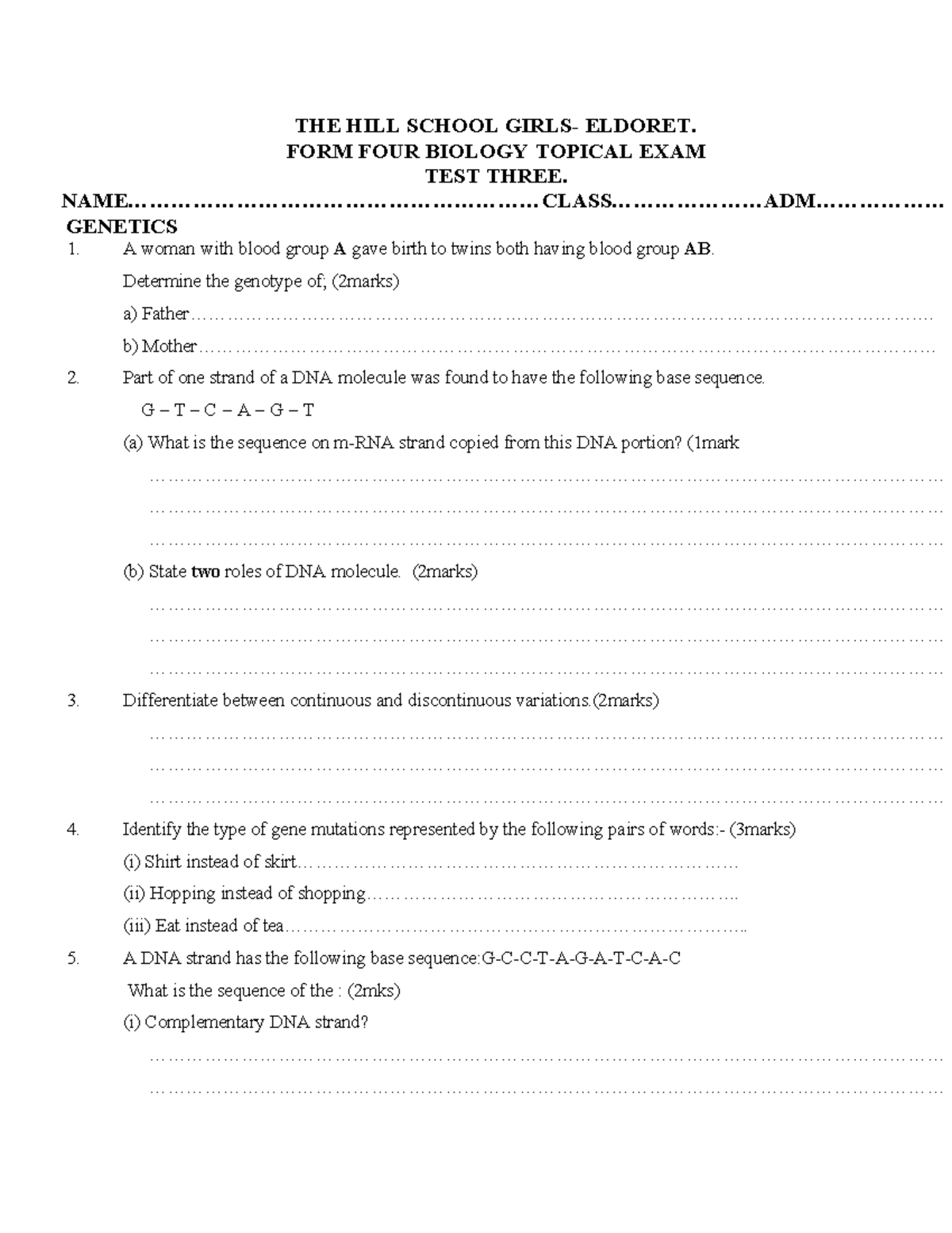 Genetics & Evolution: Form Four Biology Topical Exam Test 3 - Studocu