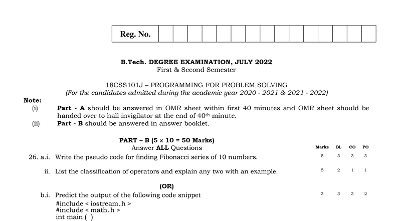 B.Tech 18CSS101J Programming for Problem Solving - July 2022 Exam - Studocu