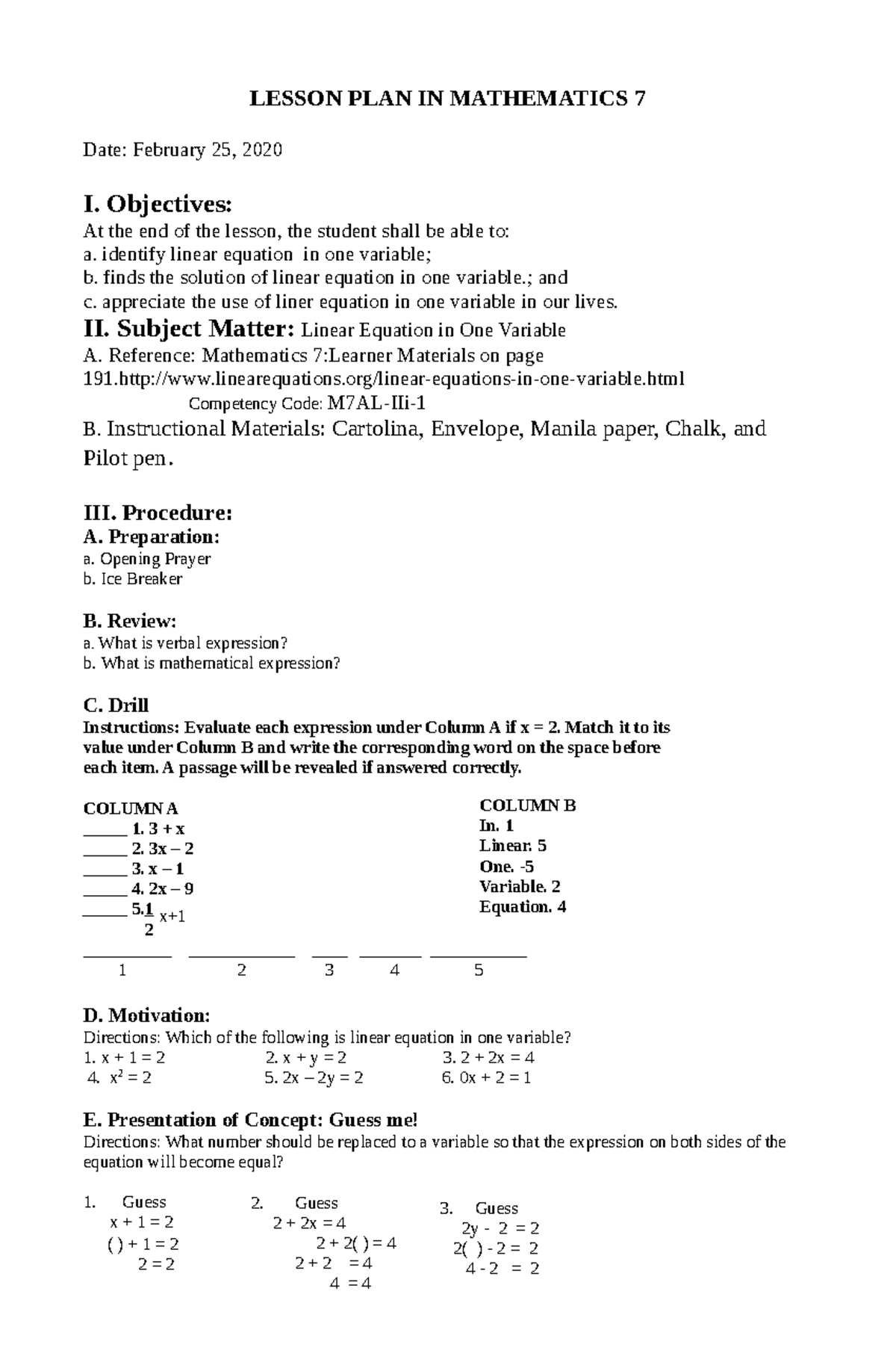 SAMPLE DLP IN MATH 7 - LESSON PLAN IN MATHEMATICS 7 Date: February 25 ...