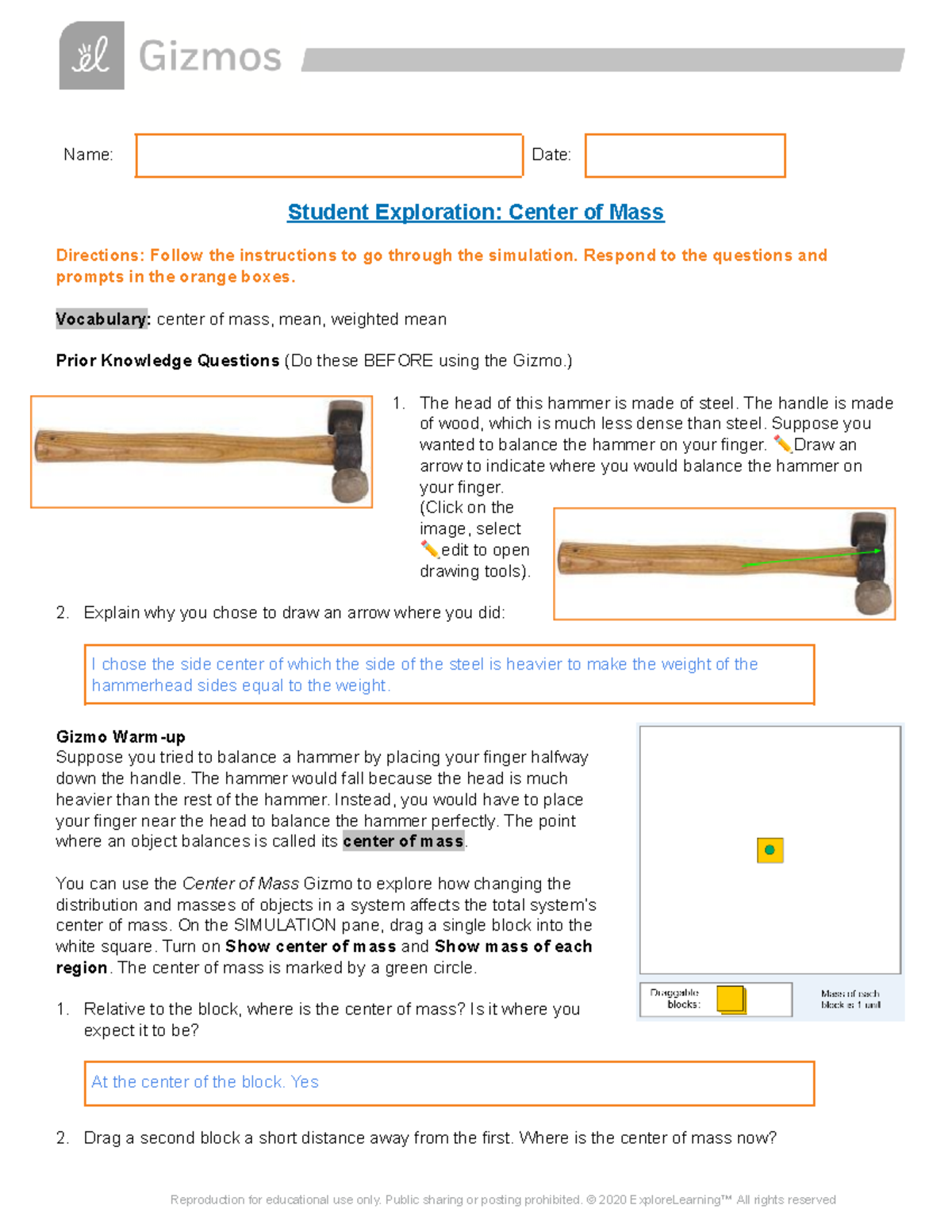 Center of Mass Exploration with SE Gizmos - Student Activity Guide ...