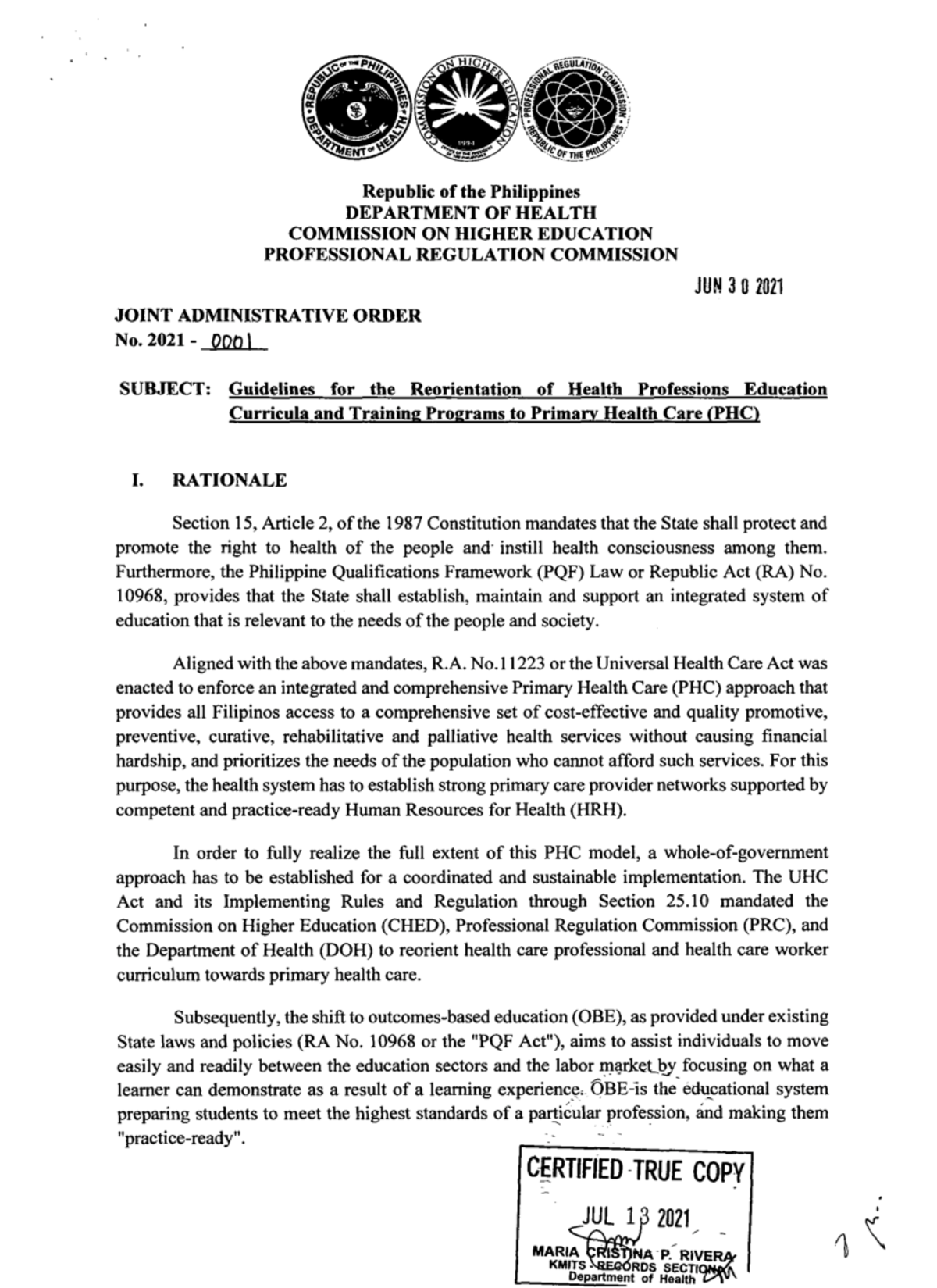DOH CHED PRC Joint Admin Order 2021-0001: PHC Education Guidelines - Studocu
