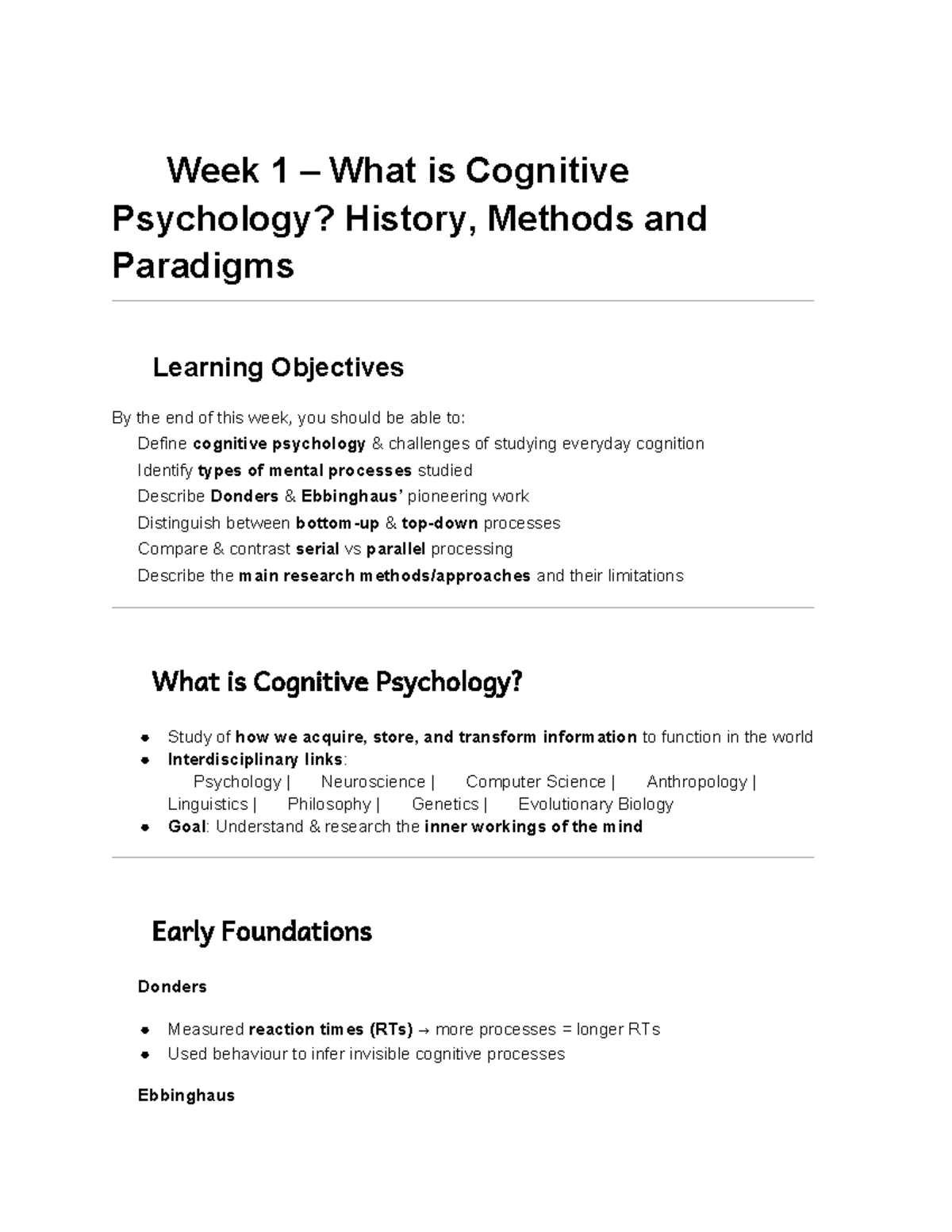 Week 1 – Intro to Cognitive Psychology: History & Methods - Studocu