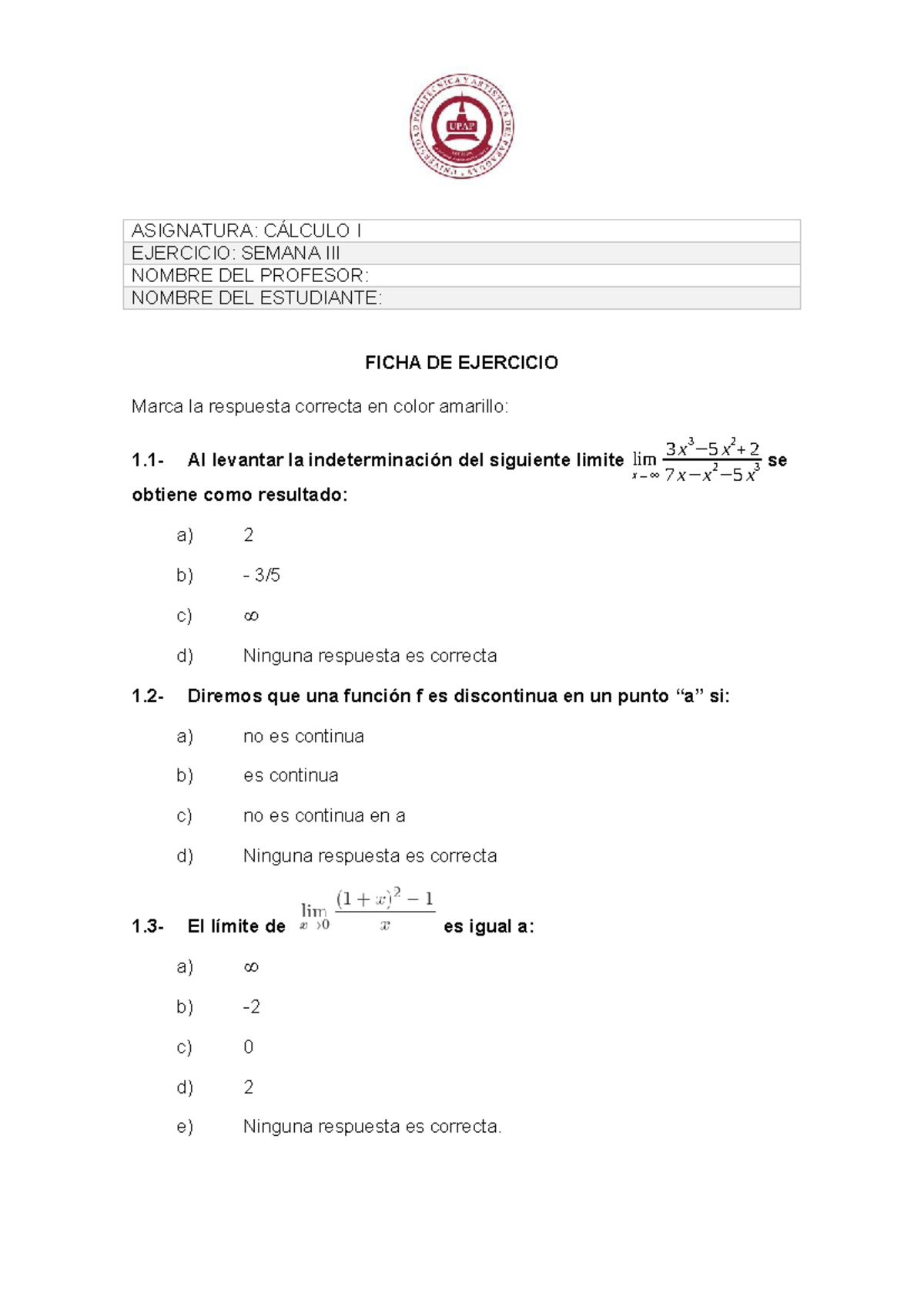 Cálculo I - Ejercicios Semana III: Ficha de Respuestas Correctas - Studocu