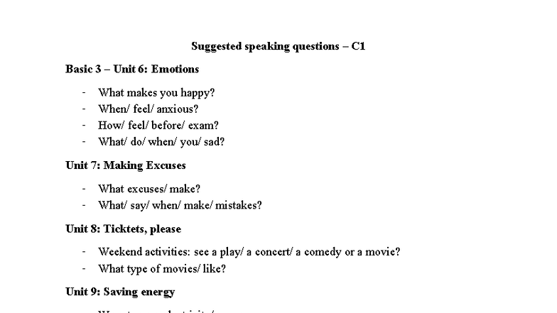 C1 Speaking Questions: Emotions, Excuses, Energy & Language - Studocu