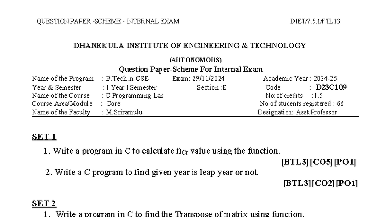 CSE D23C109 Internal Exam Question Paper: C Programming Lab - Studocu