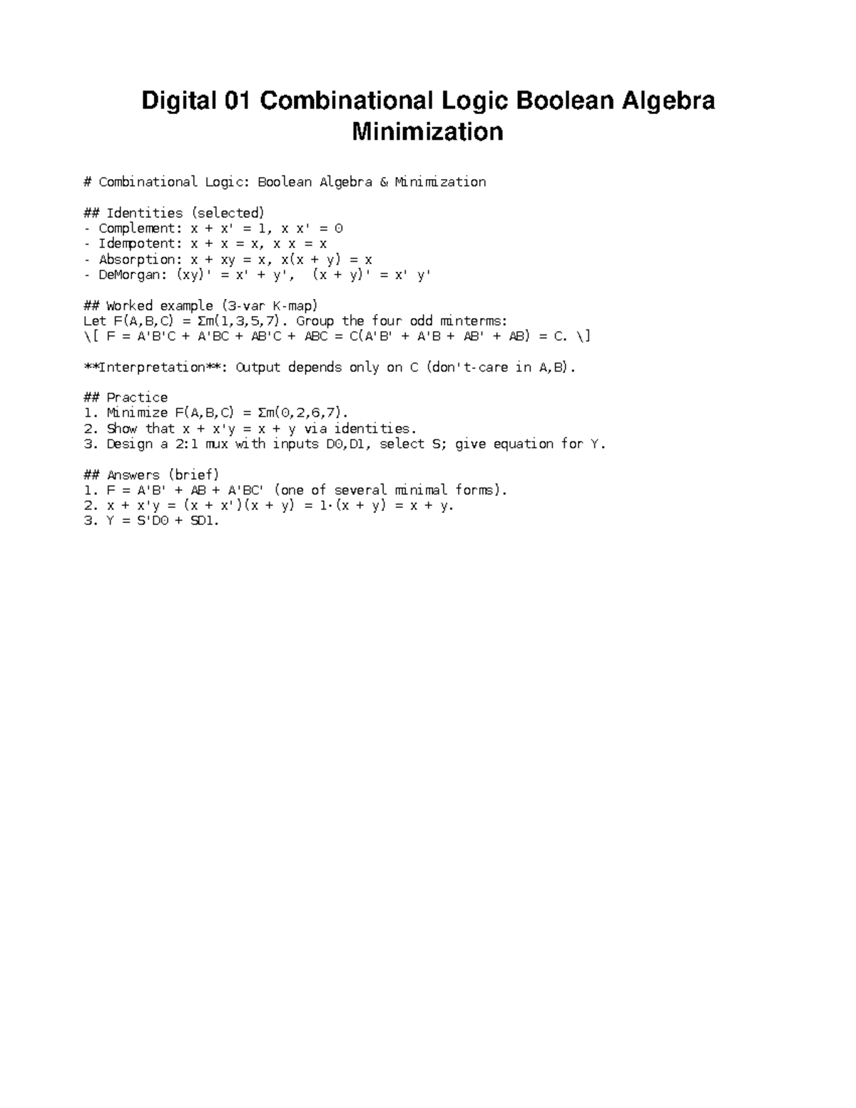 Digital 01: Combinational Logic & Boolean Algebra Minimization - Studocu