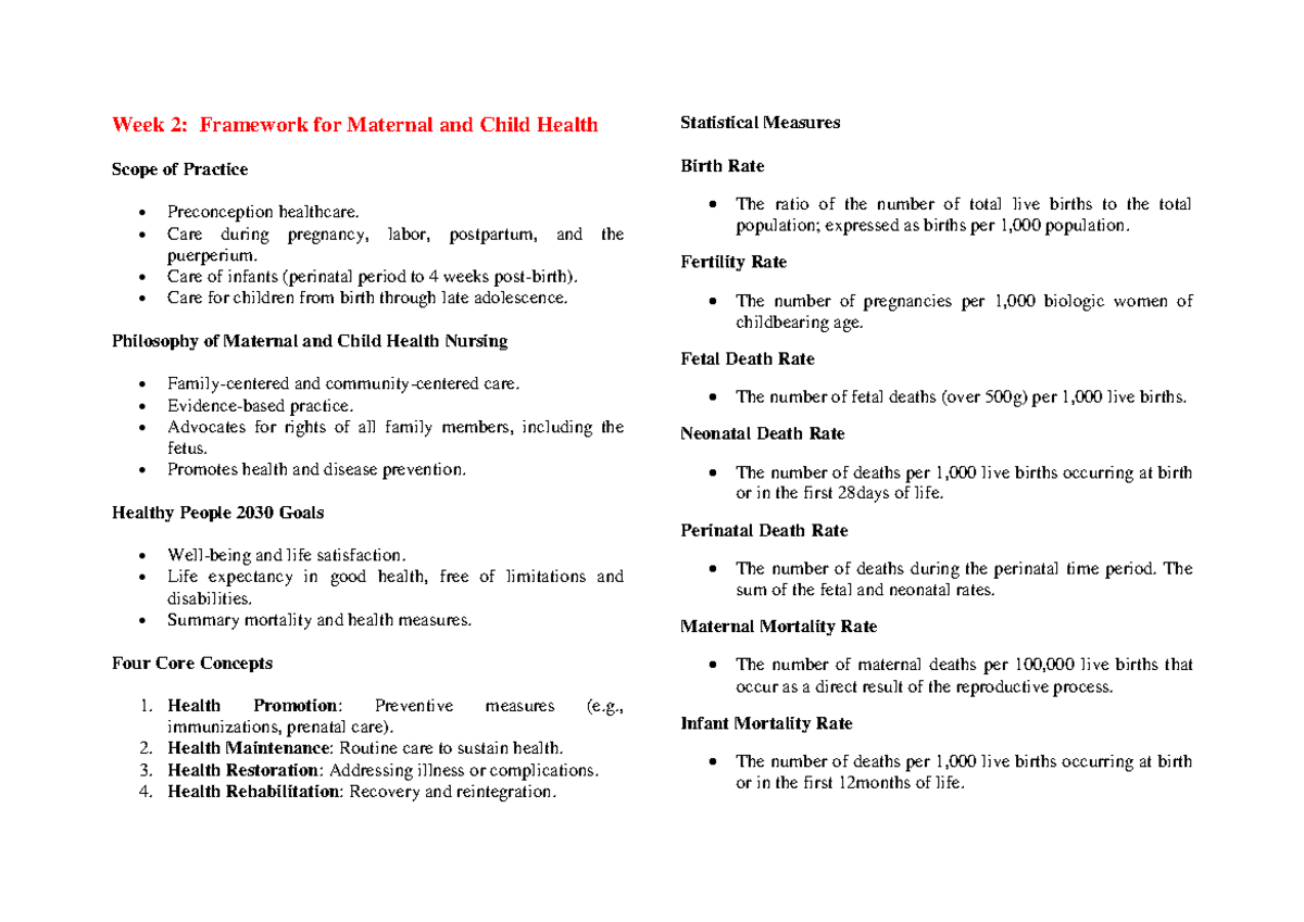 NCM-107 - Week 2 to Week 5 Review: Maternal and Child Health Overview - Studocu