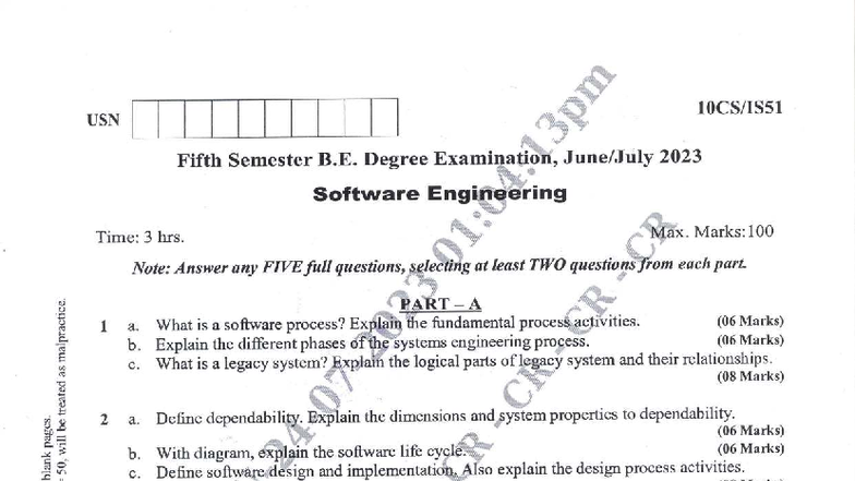 VTU 10CS51 - 10IS51 Software Engineering Question Paper, June-July 2023 ...