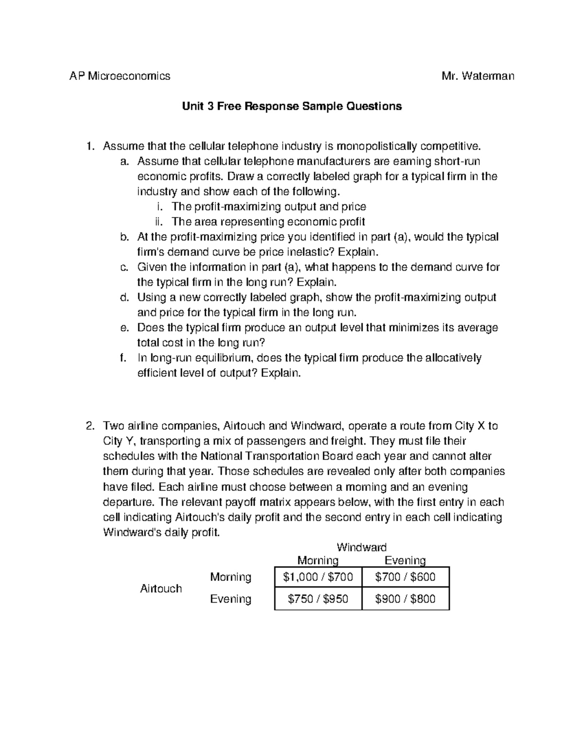 AP Microeconomics (Unit 3) Free Response Sample Questions - Studocu