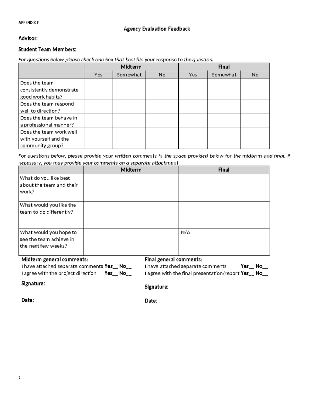 Agency Evaluation Form - APPENDIX F Agency Evaluation Feedback Advisor ...