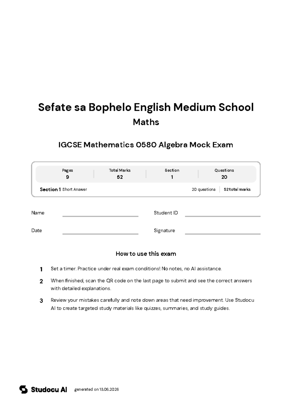 IGCSE Mathematics 0580 Algebra Mock Exam - Studocu