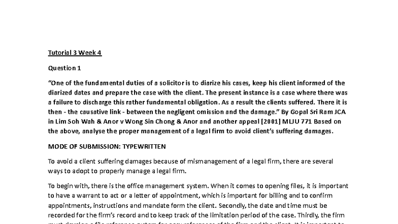 Y4S1 - tutorial guide - Tutorial 3 Week 4 Question 1 “One of the ...