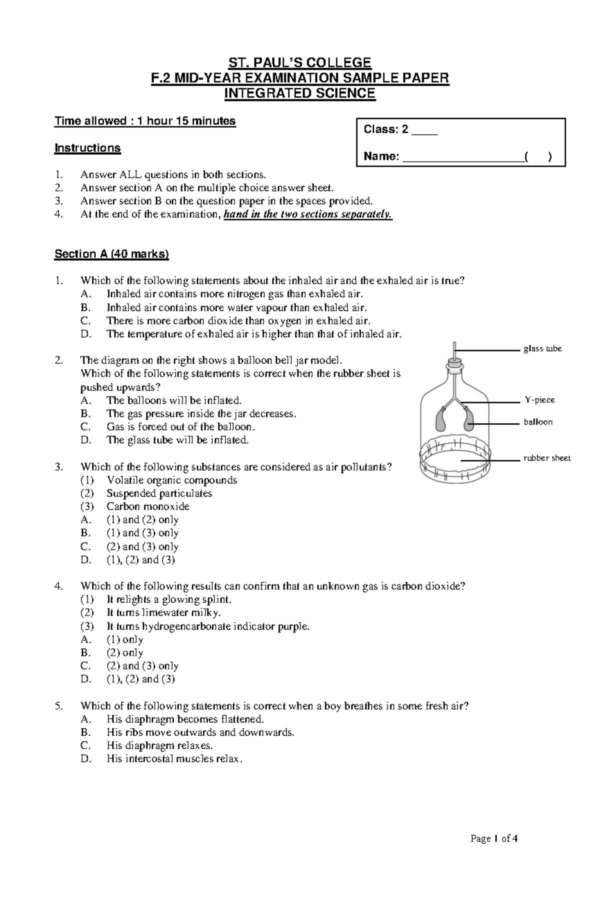 F.2 IS Midyear Exam Sample Paper: Integrated Science MC Questions - Studocu