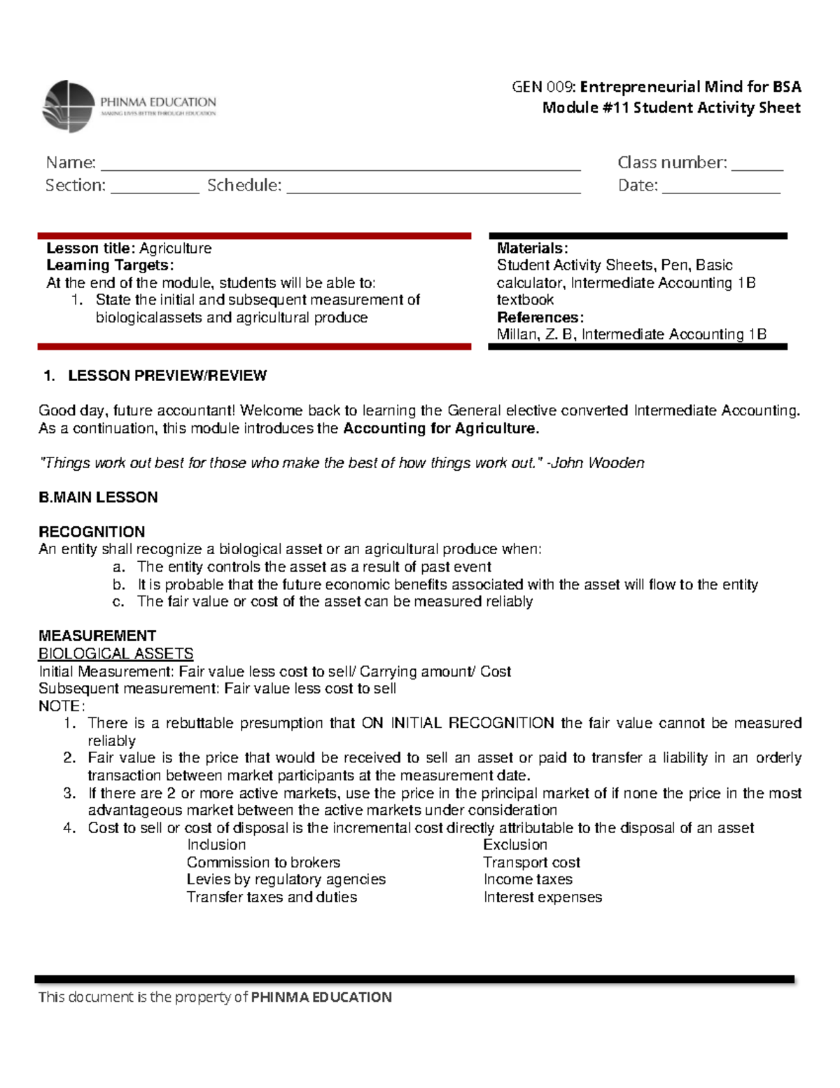 GEN 009: Agricultural Accounting Concepts - Student Activity Sheet ...