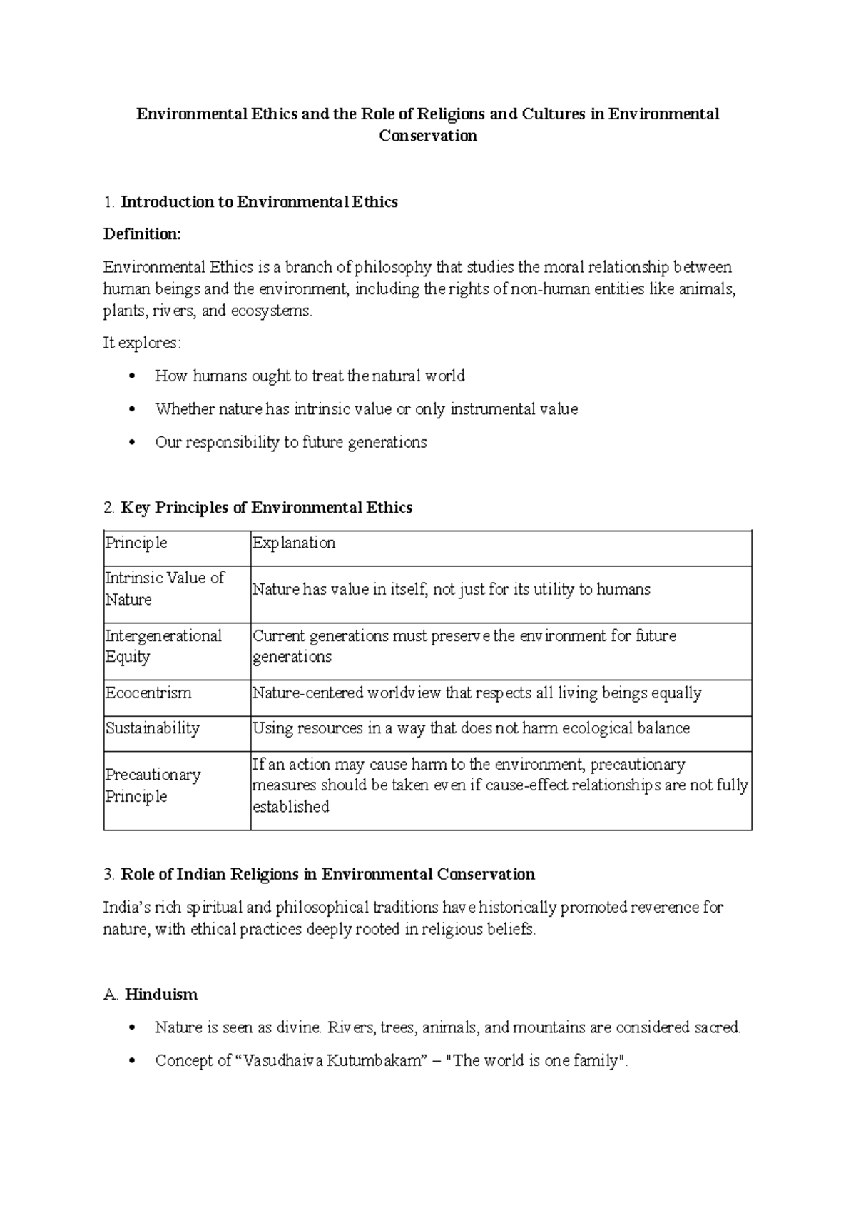 Environmental Ethics: The Role of Religions in Conservation - Studocu
