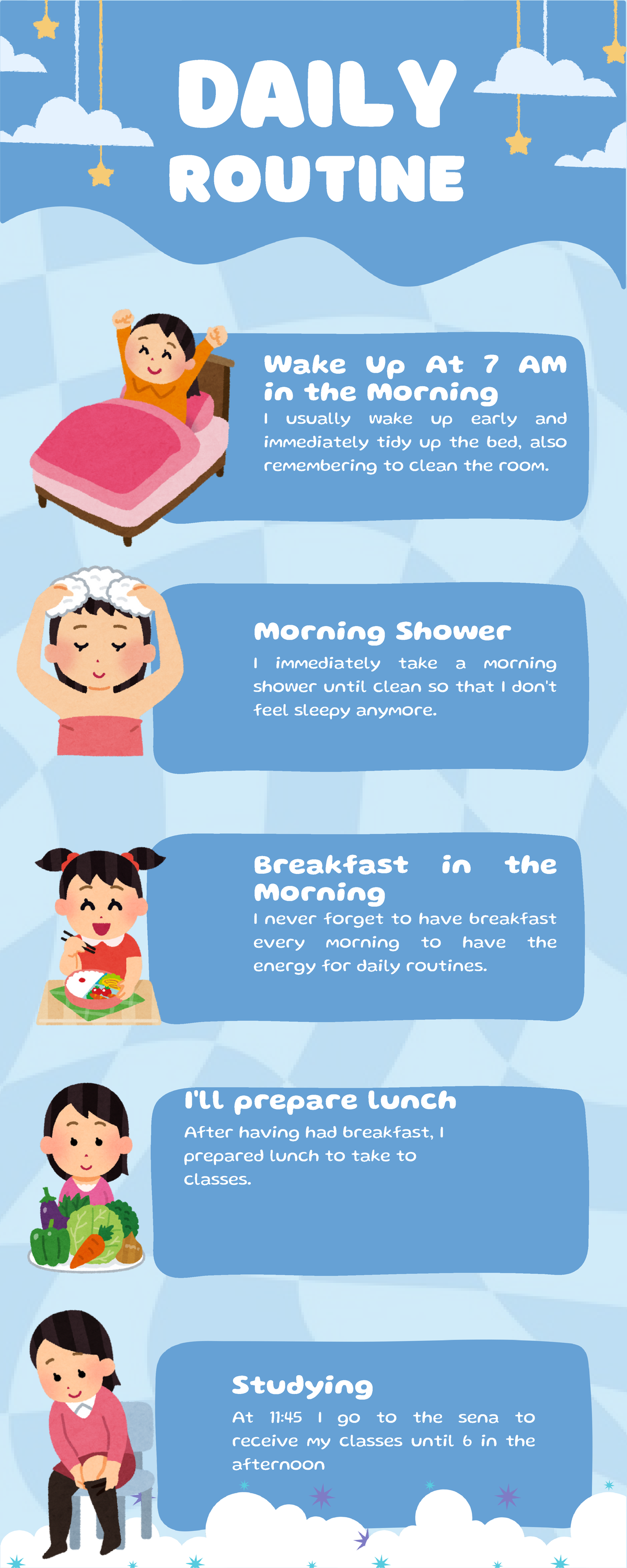 Blue Illustrative Daily Routine Infographic - DAILY ROUTINE Studying At ...