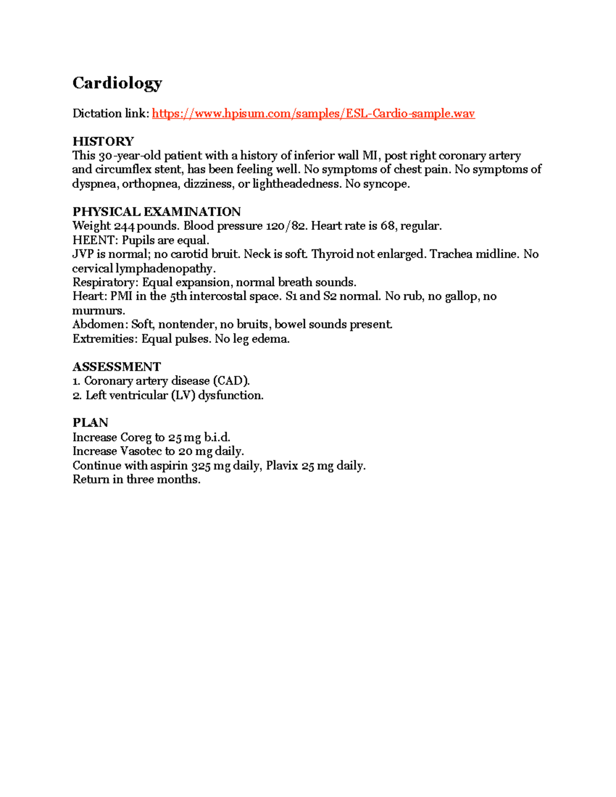 Sample Medical Dictation and Transcribed report - Cardiology Dictation ...