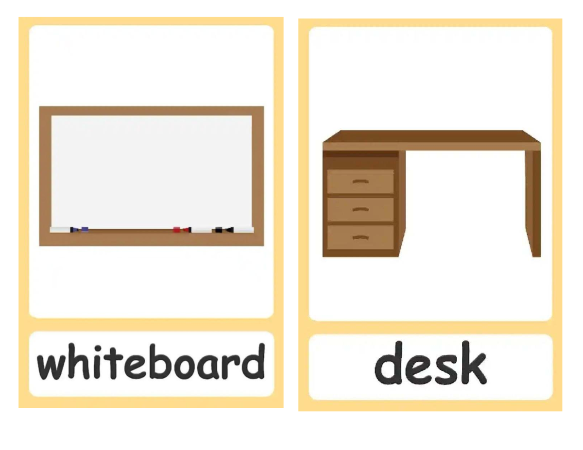 Classroom objects flashcards - ingles - whiteboard desk n + pencil ...