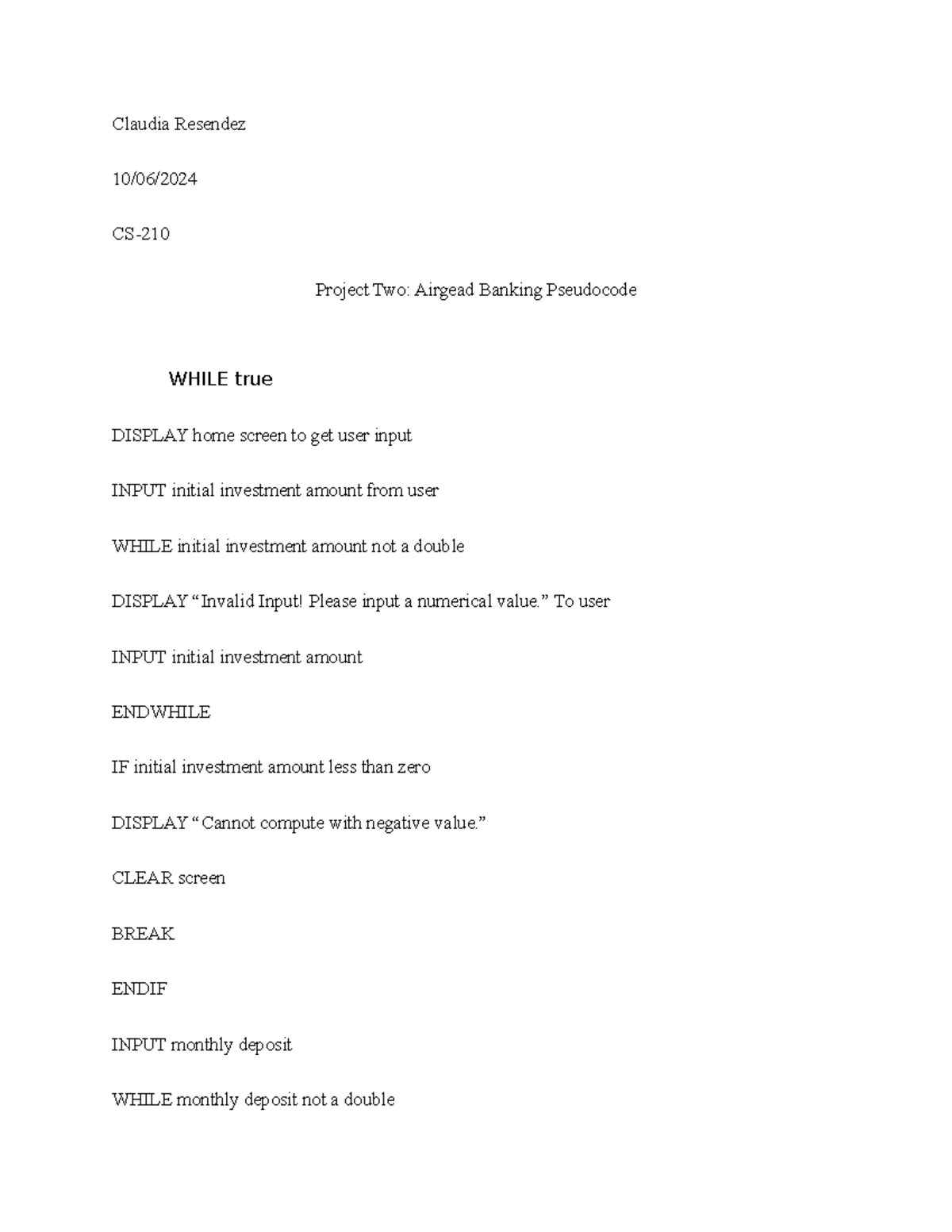 CS 210 Project Two: Pseudocode for Airgead Banking System - Studocu