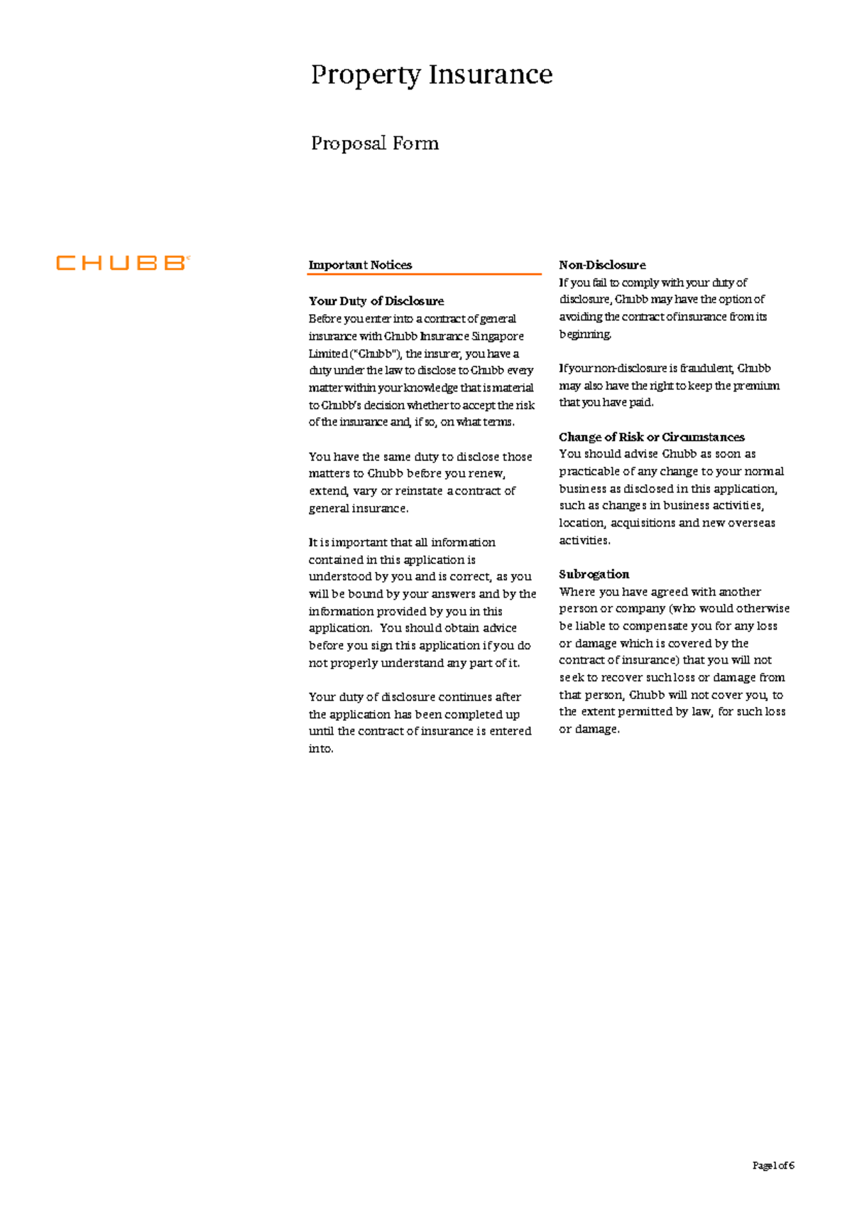 Chubb Property Insurance Proposal Form: Important Notices and ...