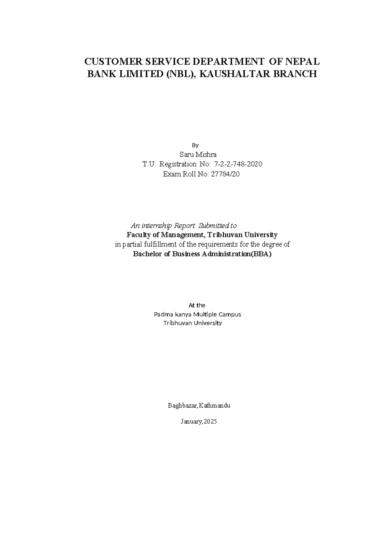 Internship report on customer service at NBL, Kaushaltar branch (BBA) - Studocu