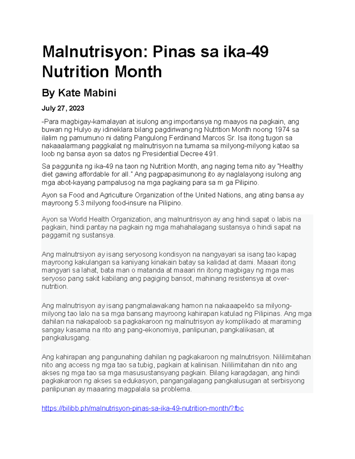 Malnutrisyon sa Pilipinas: Pagdiriwang ng Nutrition Month 2023 - Studocu