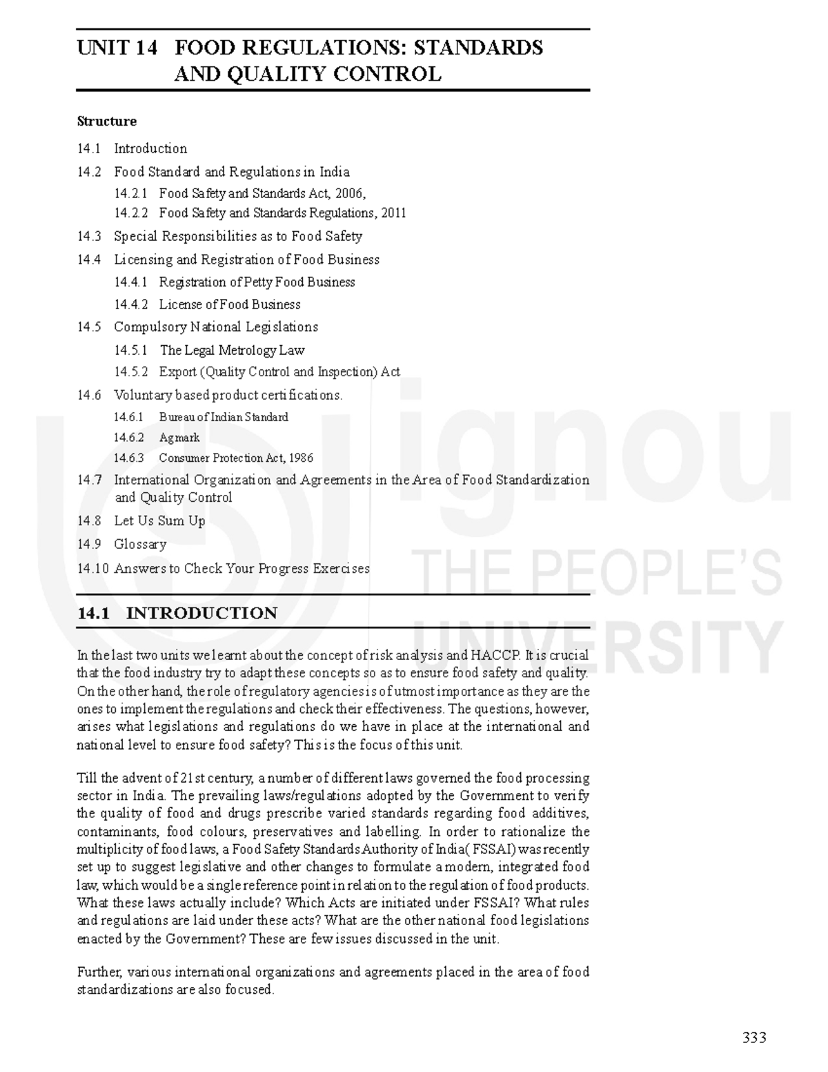 UNIT 14: FOOD REGULATIONS, STANDARDS & QUALITY CONTROL (FSSAI) - Studocu