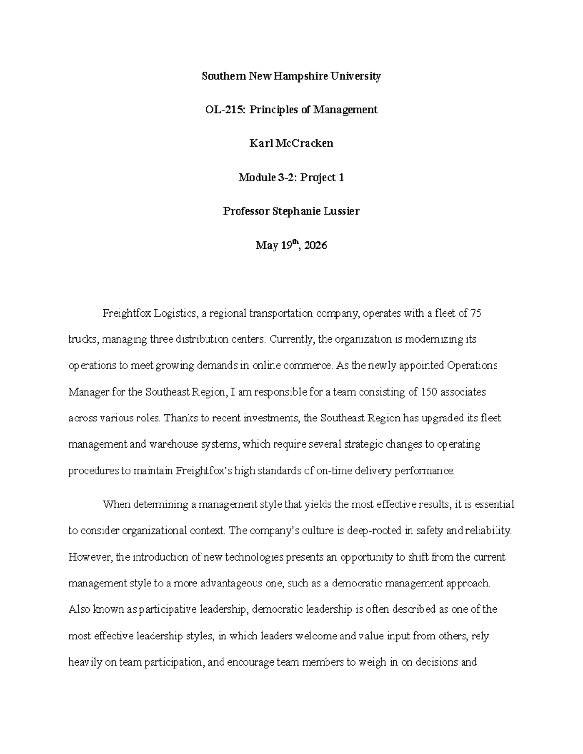 OL215 Project 1: Management Styles in Freightfox Logistics Operations ...