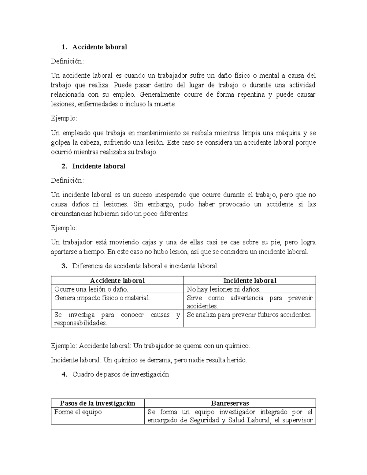 Accidente Laboral e Incidente Laboral: Definiciones y Diferencias - Studocu