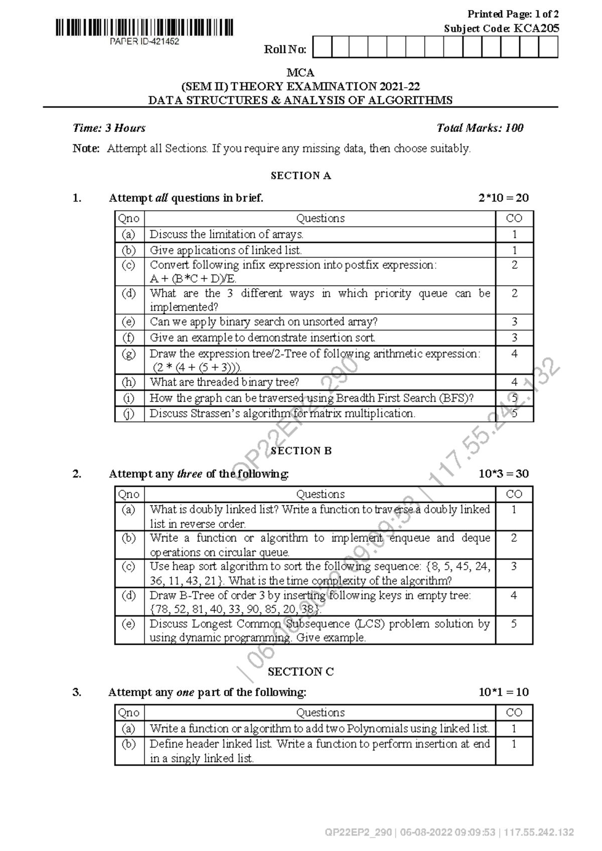 Kca205 Mca Sem Ii Final Exam Data Structures And Algorithms Analysis