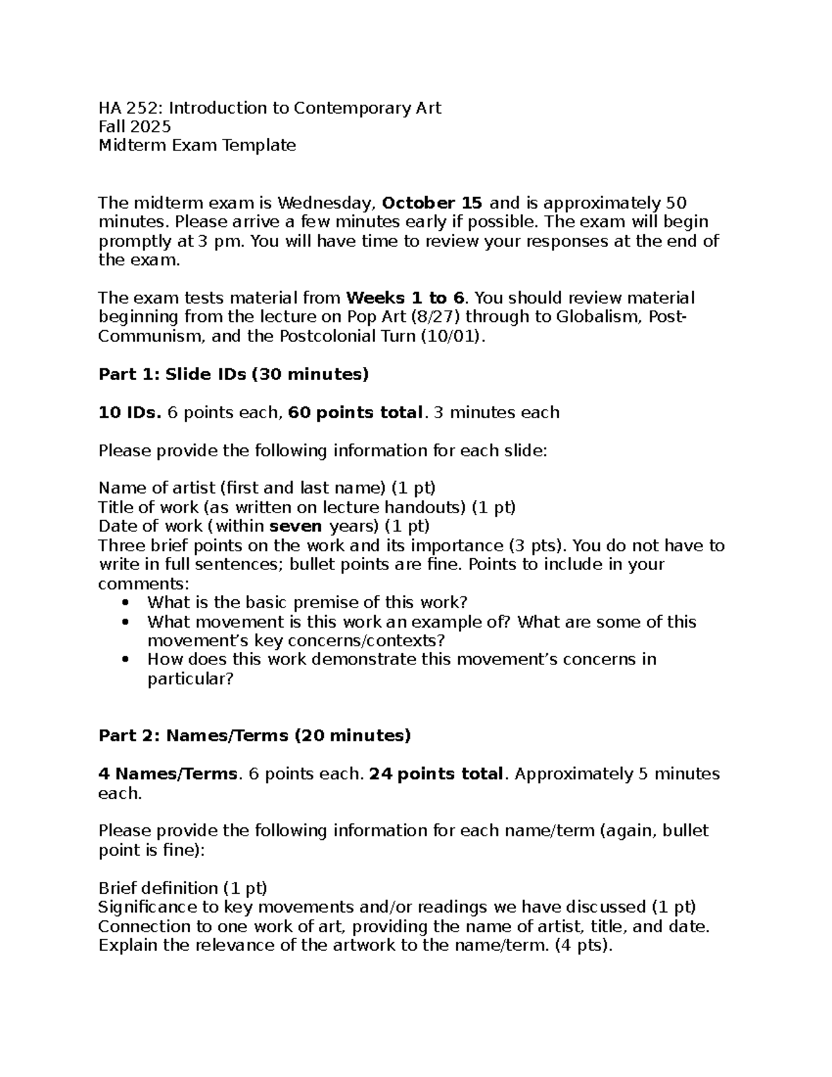 HA 252: Midterm Exam Template for Contemporary Art Fall 2025 - Studocu
