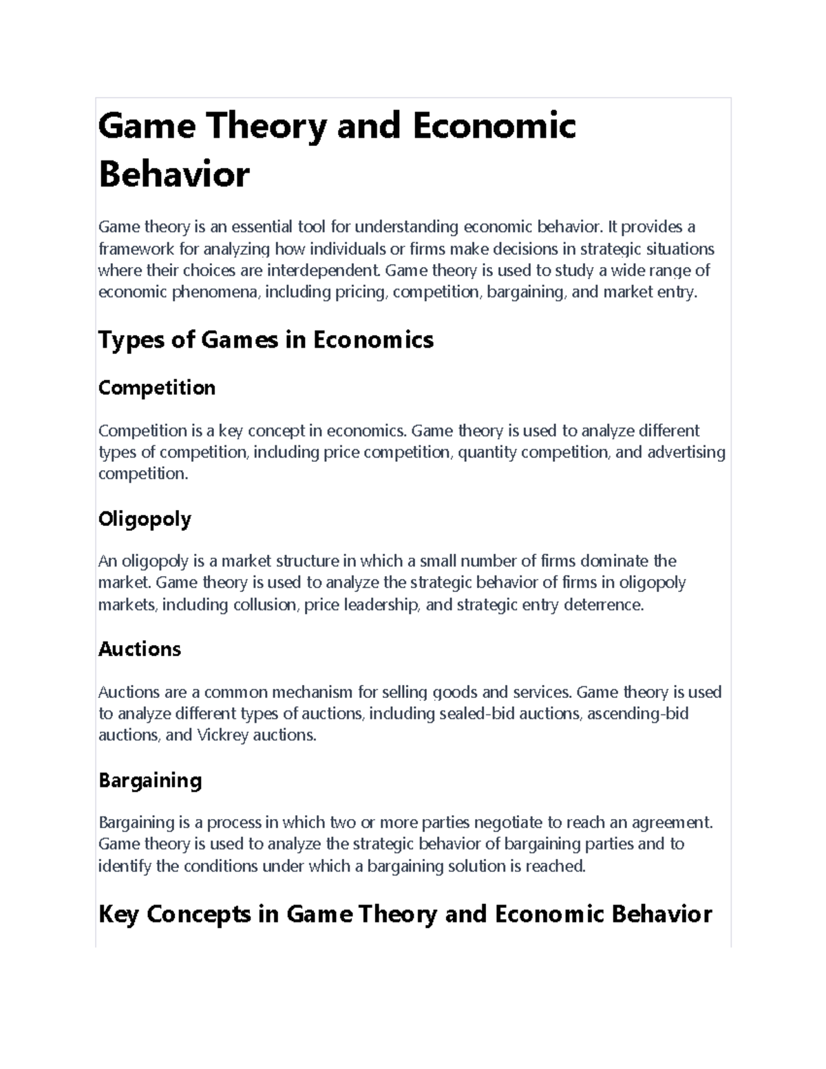 Game Theory ECON 101: Analysis of Economic Behavior and Strategies ...