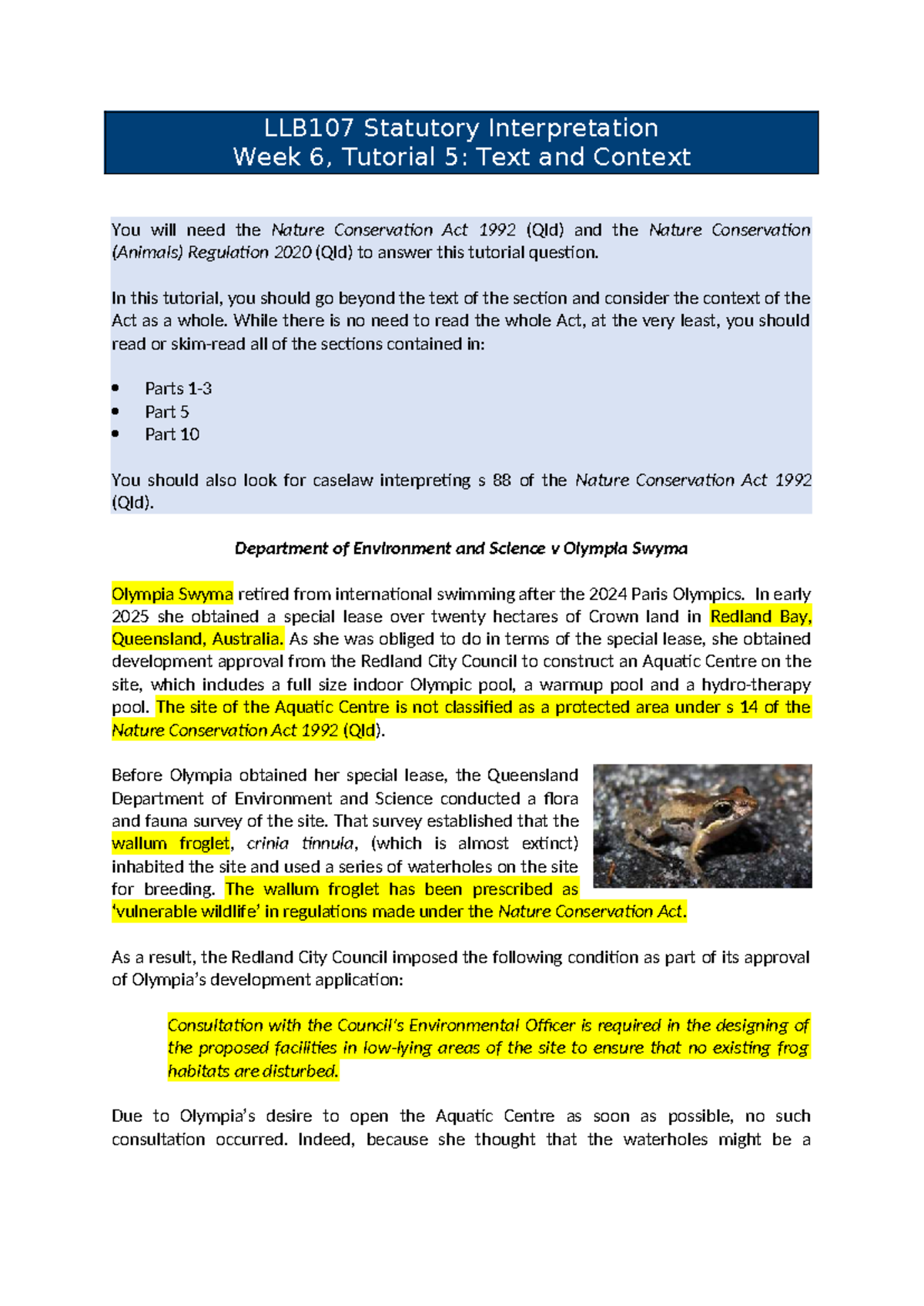 LLB107 Statutory Interpretation Tutorial 5: Nature Conservation Act ...