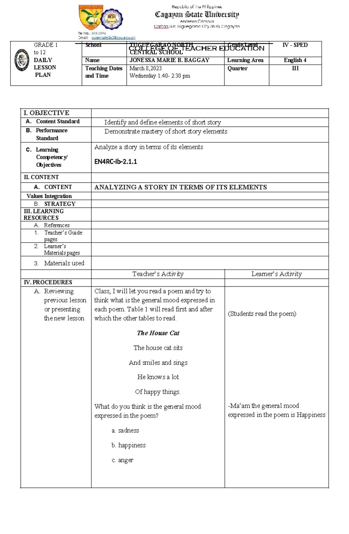 Analyzing Story Elements: Lesson Plan for English 4 (EN4RC-Ib-2.1 ...