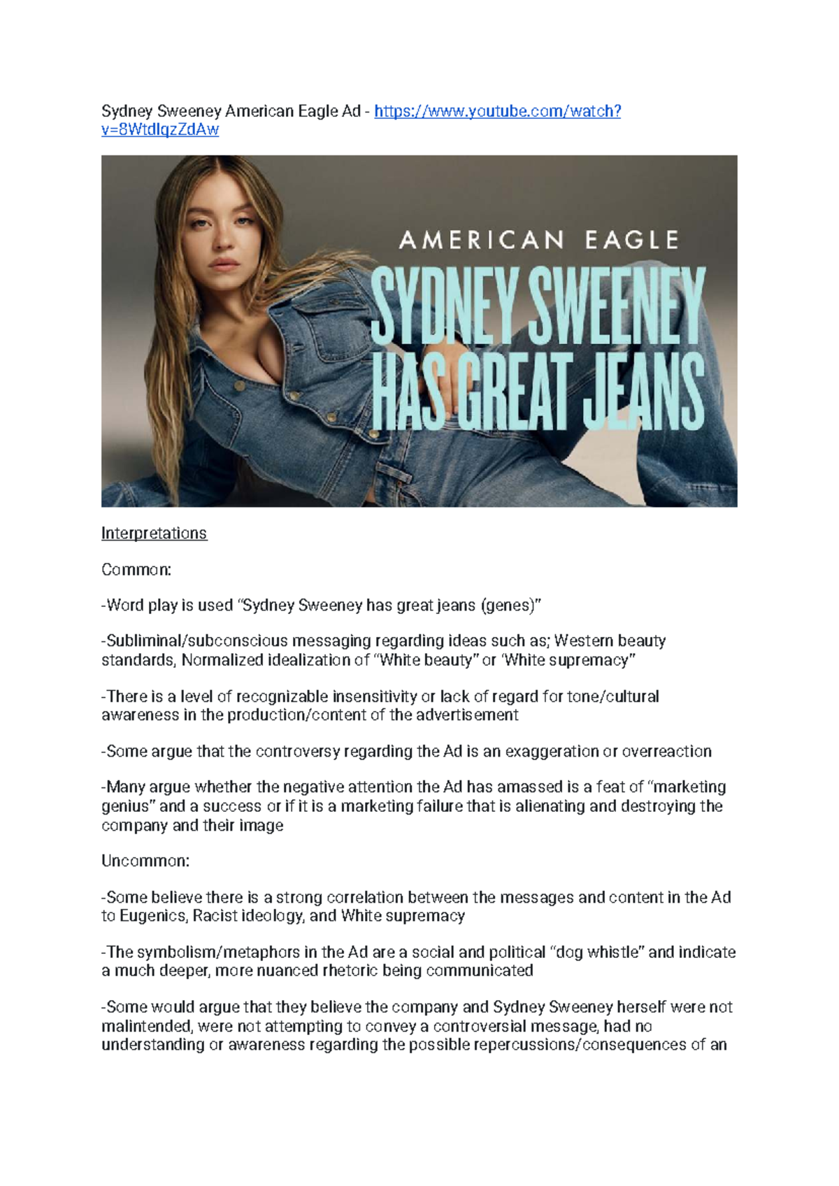 Sydney Sweeney American Eagle Ad Analysis: Media Rhetoric & Ideology ...