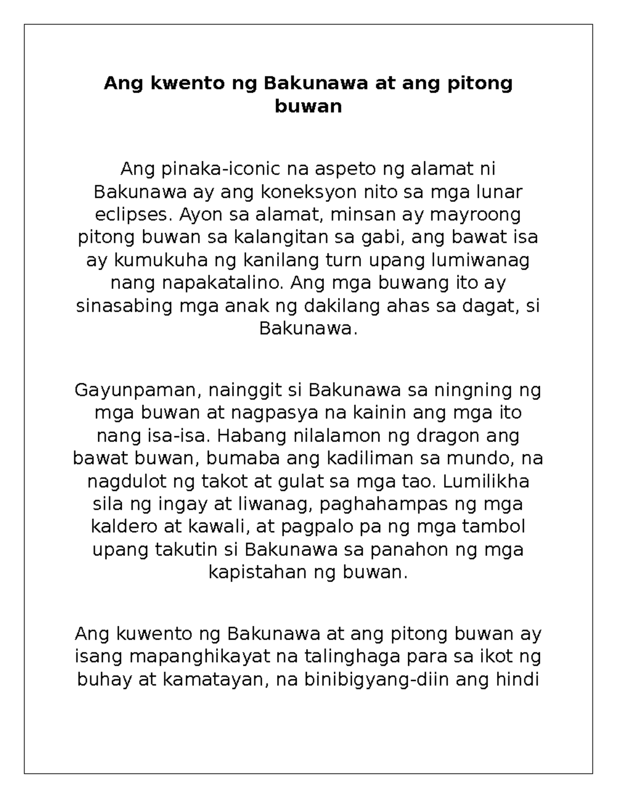 Ang Alamat ng Bakunawa at ang Pitong Buwan sa Kalangitan - Studocu