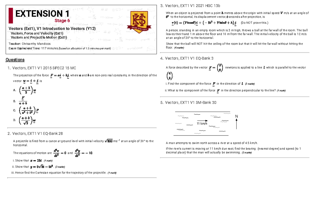 HSC Vectors, EXT1 V1 2021 Exam Notes on Projectile Motion and Forces ...