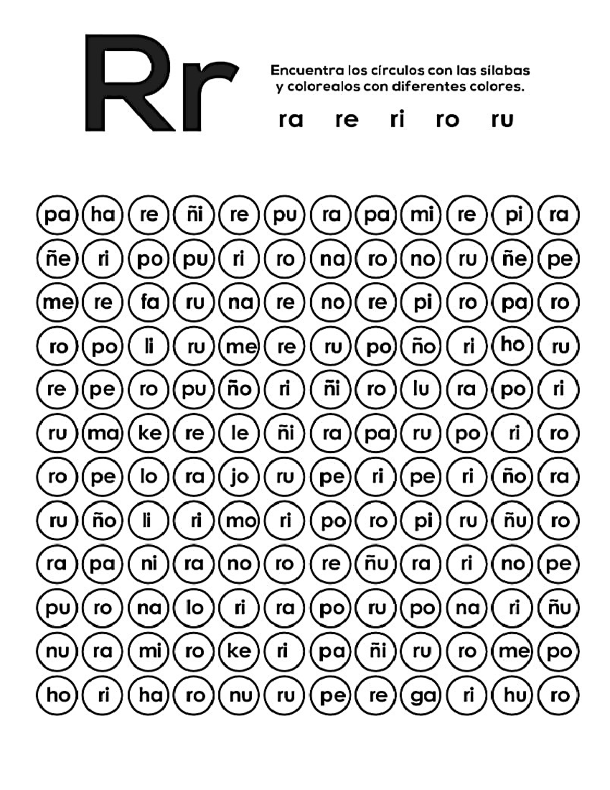 Letra R - Rr Encuentra los circulos con las silabas y colorealos con ...