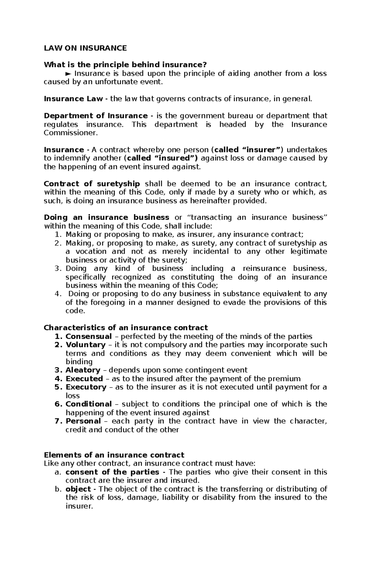 LAW 101: Principles and Characteristics of Insurance Contracts - Studocu