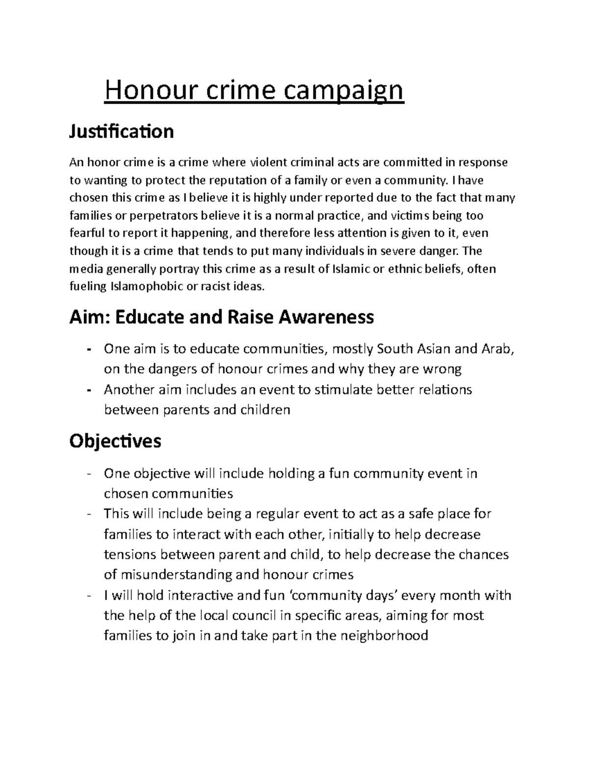 Honour Crimes Campaign Plan for January Exam (CRS 2023) - Studocu