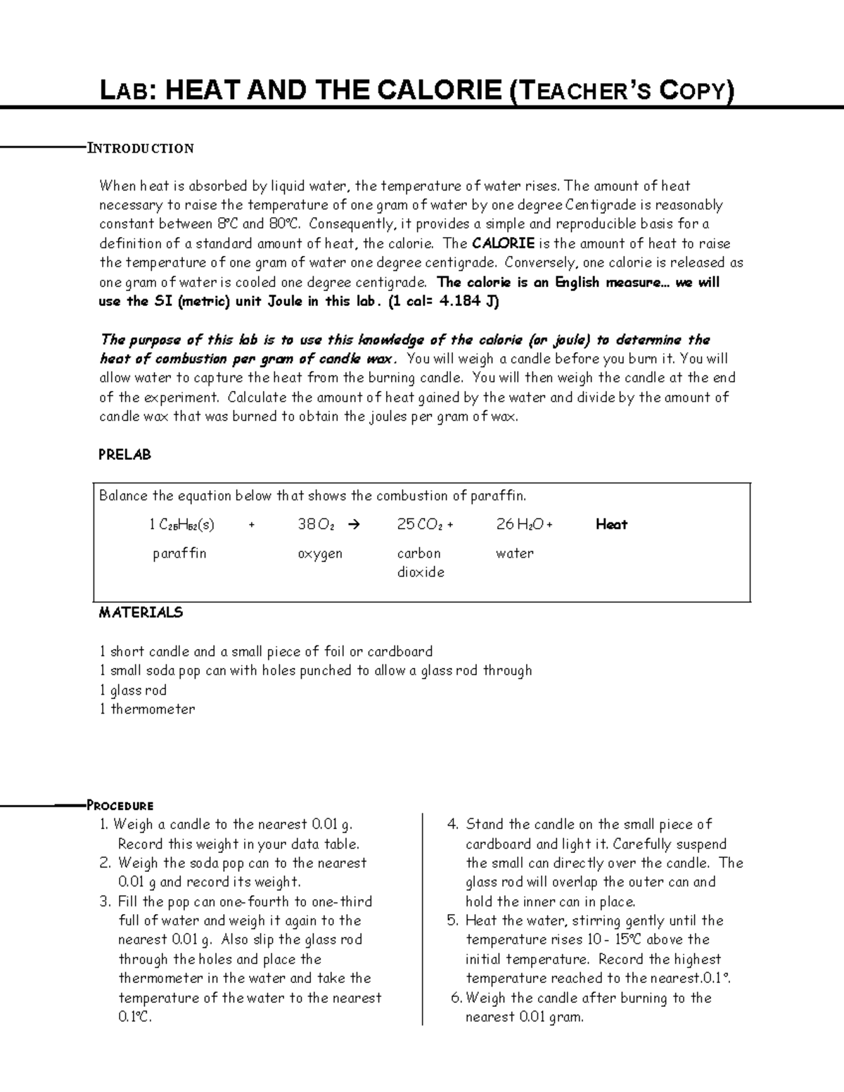 Heat and the Calorie Lab: Teacher's Notes for Lab Activity - Studocu