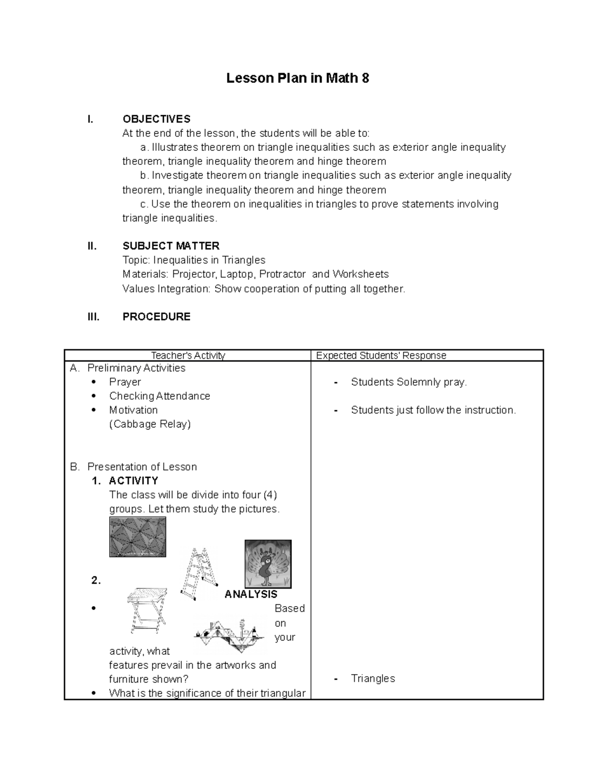 Lesson Plan in Math 8 Inequalities of Triangle - Lesson Plan in Math 8 ...