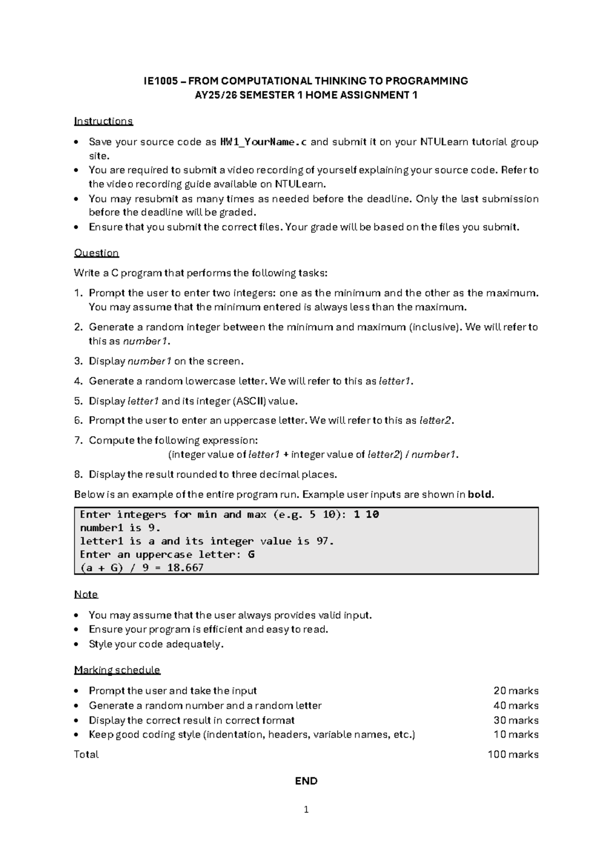 AY25S1 IE1005 Computational Thinking to Programming HW1 Guide - Studocu