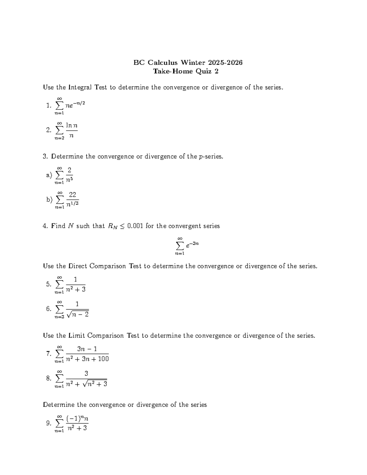 BC Calculus W25 Take Home Quiz 2: Convergence Tests - Studocu
