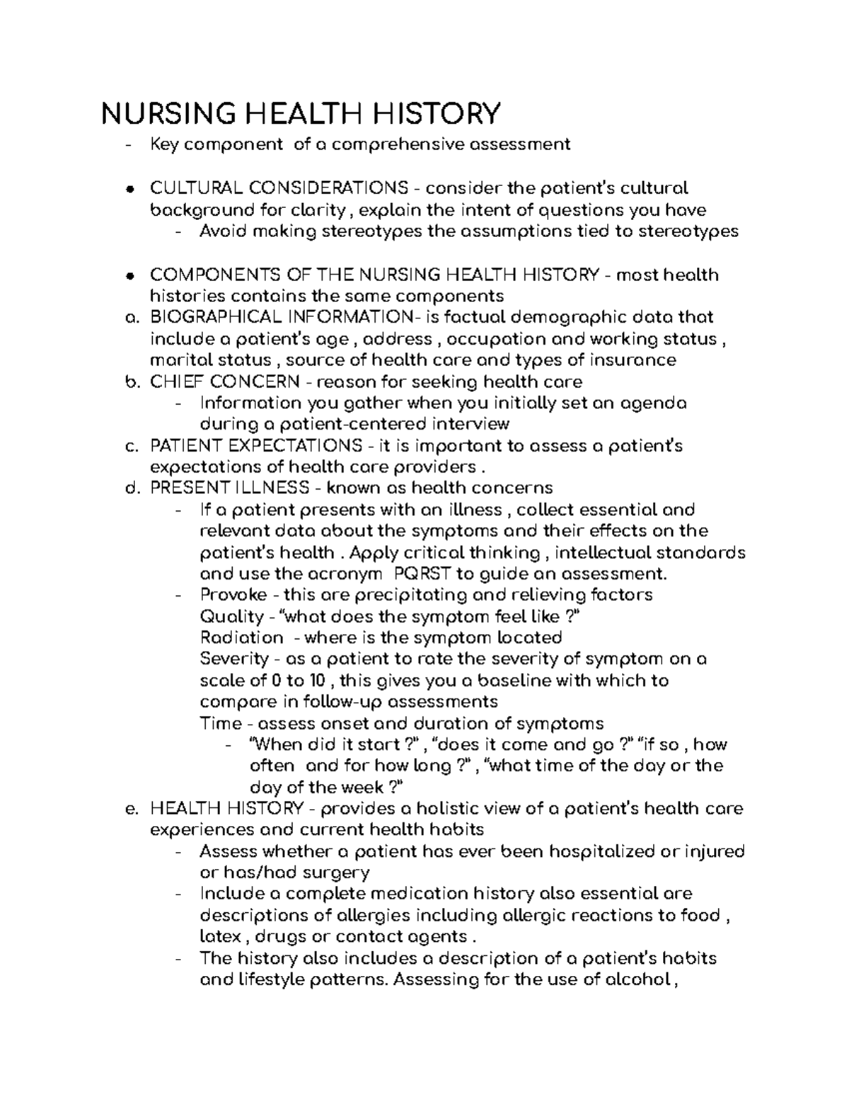 Nursing- Health- History - NURSING HEALTH HISTORY Key component of a ...