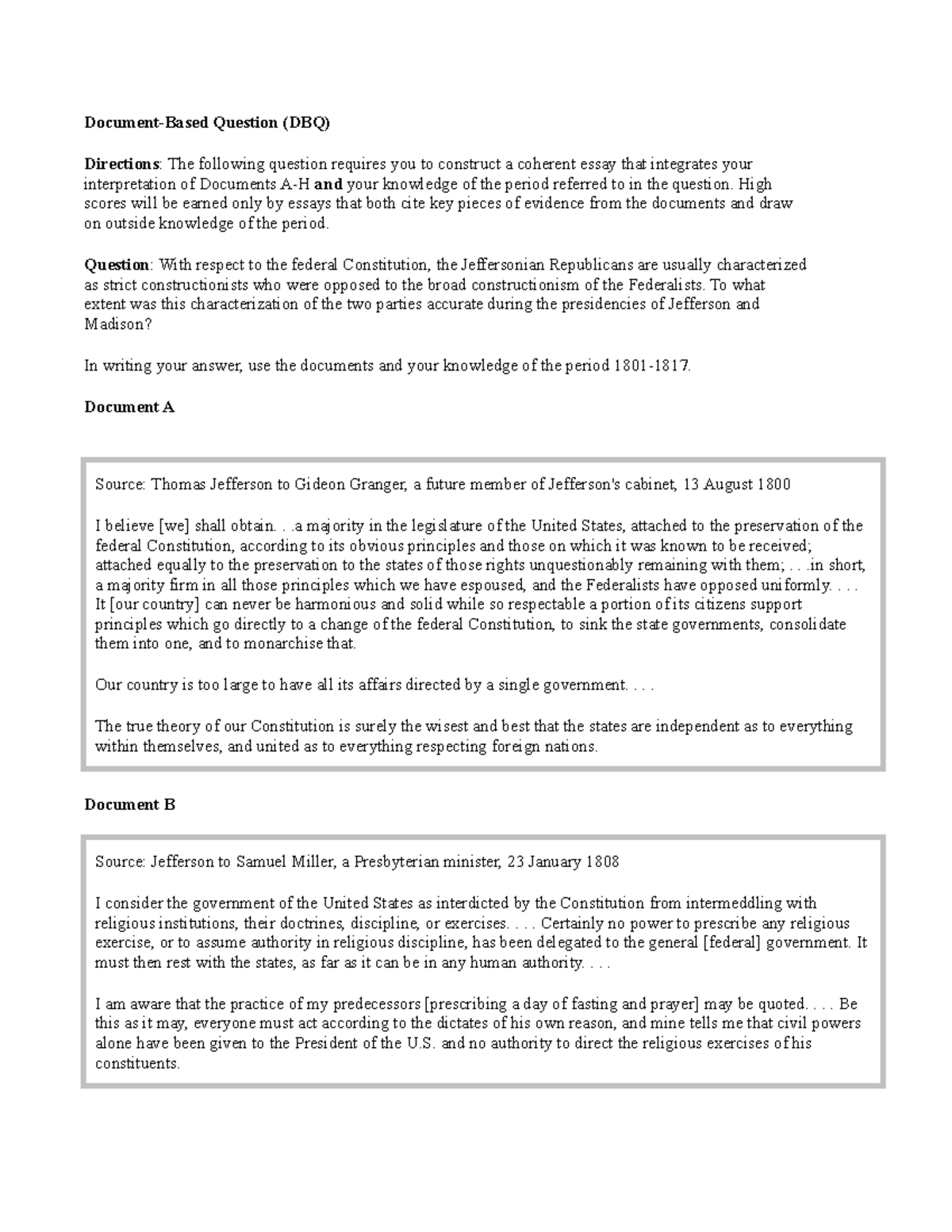 DBQ: Federalists vs. Democratic-Republicans (1801-1817 Analysis) - Studocu