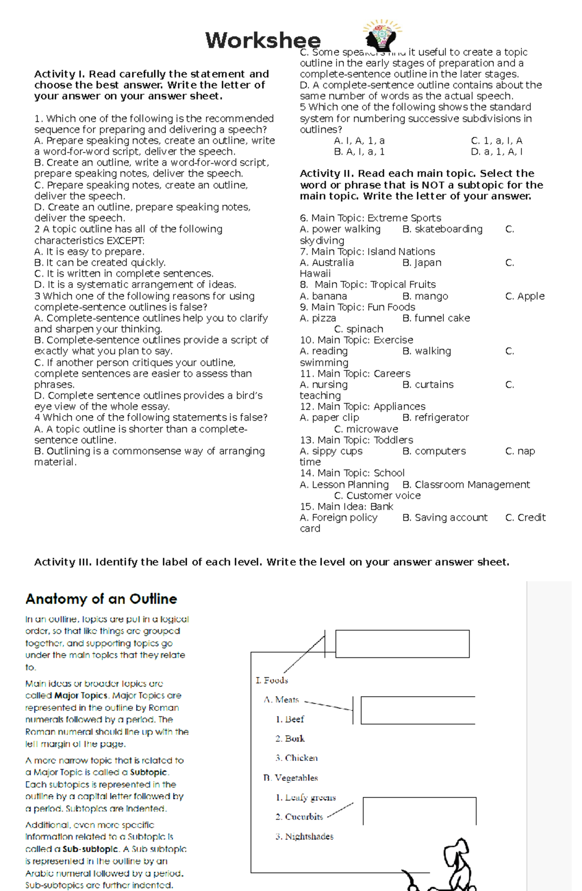 WS 5 Outlining: Key Concepts and Practice Exercises for Speech ...