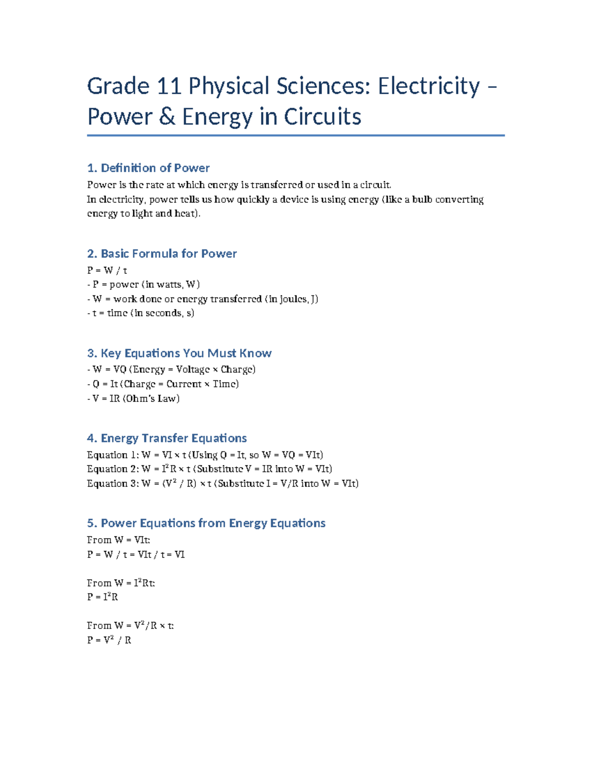 Grade 11 Physical Sciences: Electricity, Power & Energy in Circuits ...