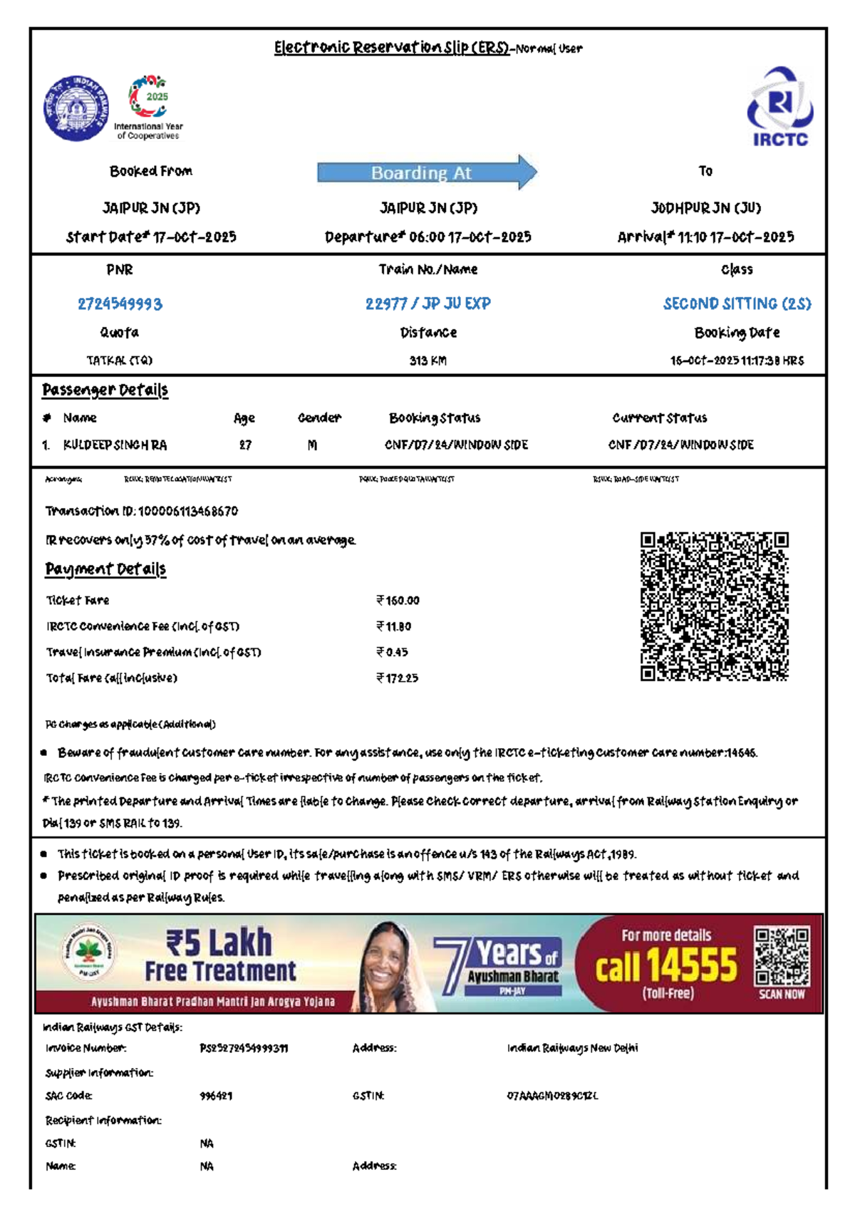 Electronic Reservation Slip: Train Booking JP to JU (22977) - Studocu