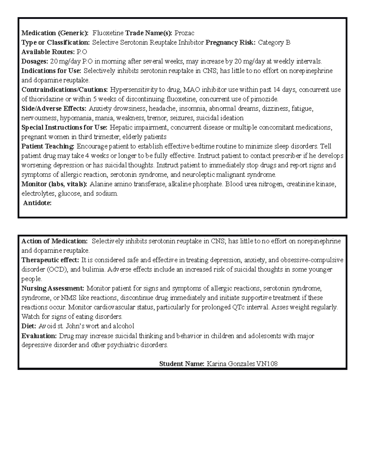 Prozac MED CARD - homework - Medication (Generic): Fluoxetine Trade ...
